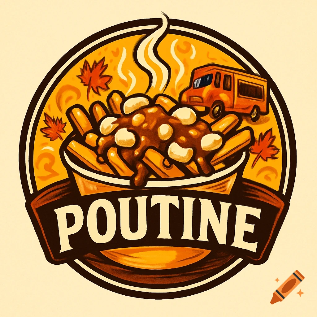 A stylized logo featuring a bowl of poutine, a food truck, and maple ...