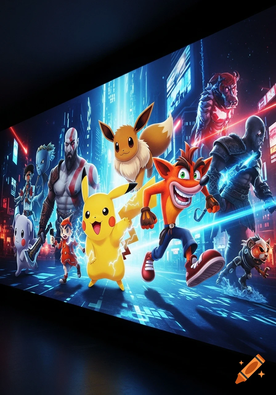 A vibrant mural of video game characters, including Pikachu, Eevee ...