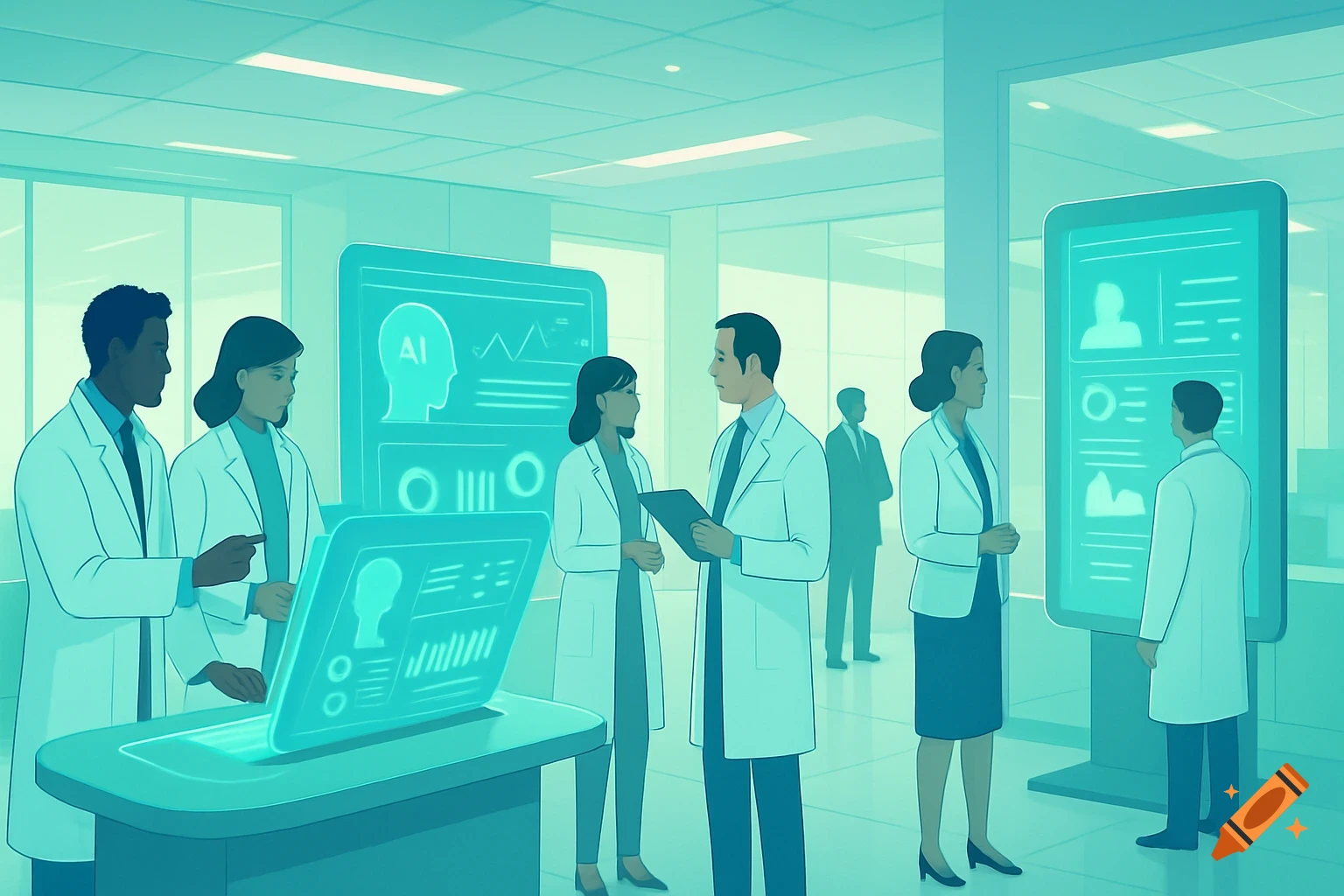 Illustration of doctors and administrators in a modern hospital, using ...