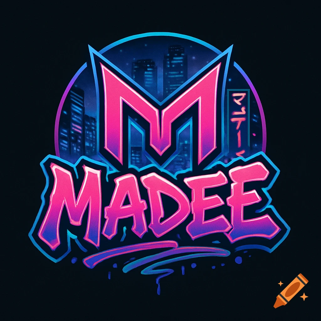 Neon pink and blue logo with a large stylized 'M' over a cityscape, and ...