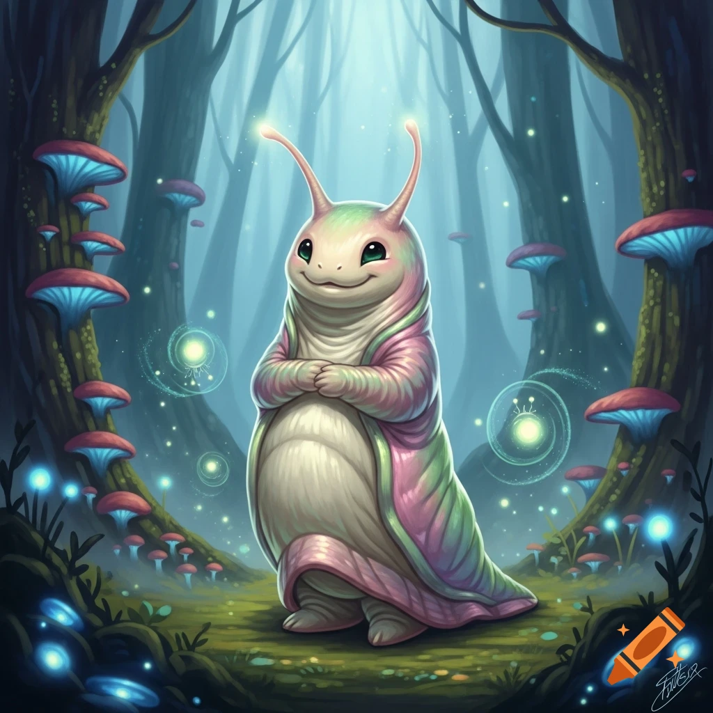 A cute, smiling anthropomorphic slug-like creature with glowing ...