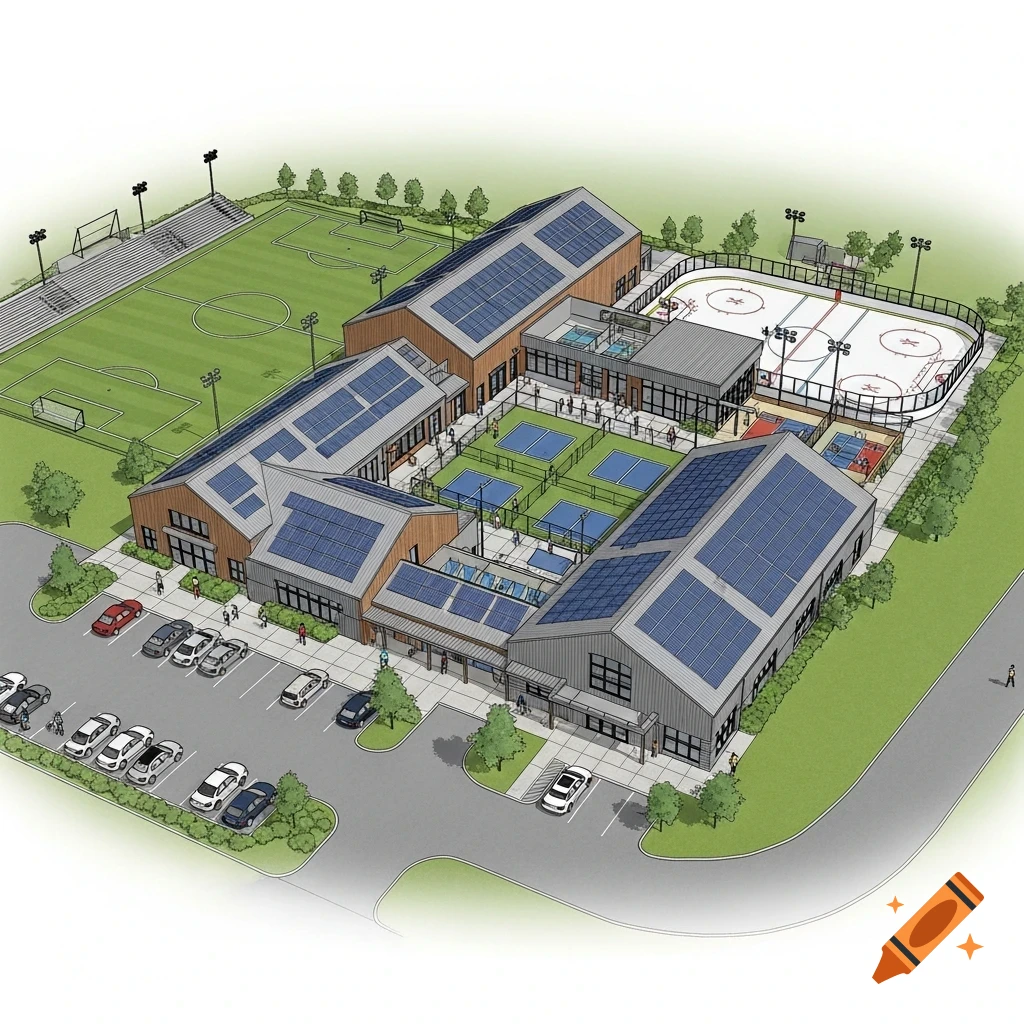 An angled top-down architectural rendering of an L-shaped multi-sport ...