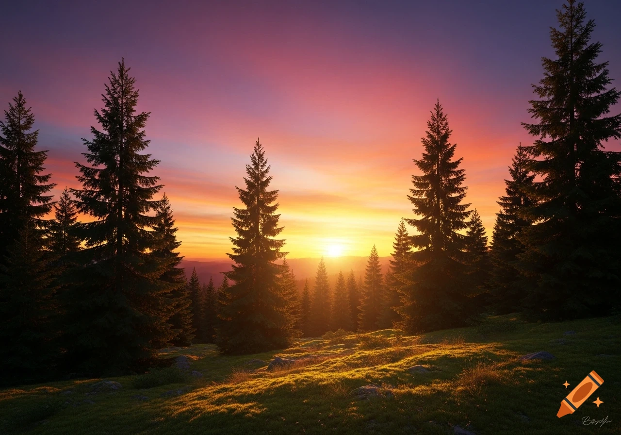 Photorealistic evergreen forest at sunset, silhouetted pine trees ...