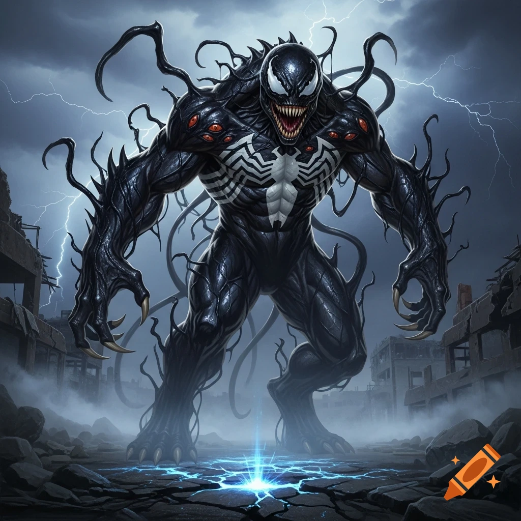 A menacing, muscular black symbiote creature with a white spider emblem ...