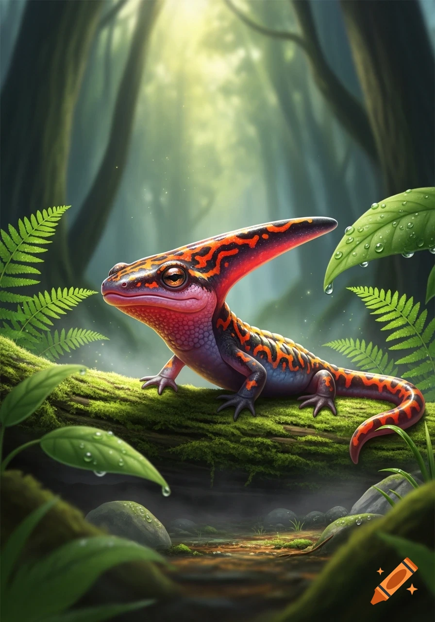 A vibrant fantasy salamander with a boomerang-shaped head rests on a ...