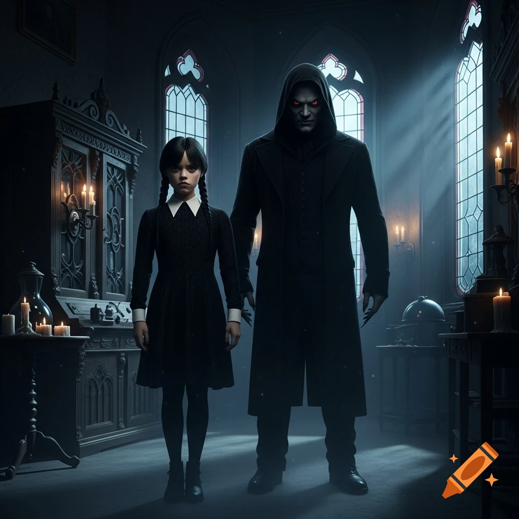 Wednesday Addams and the Hyde monster stand in a dimly lit gothic room ...