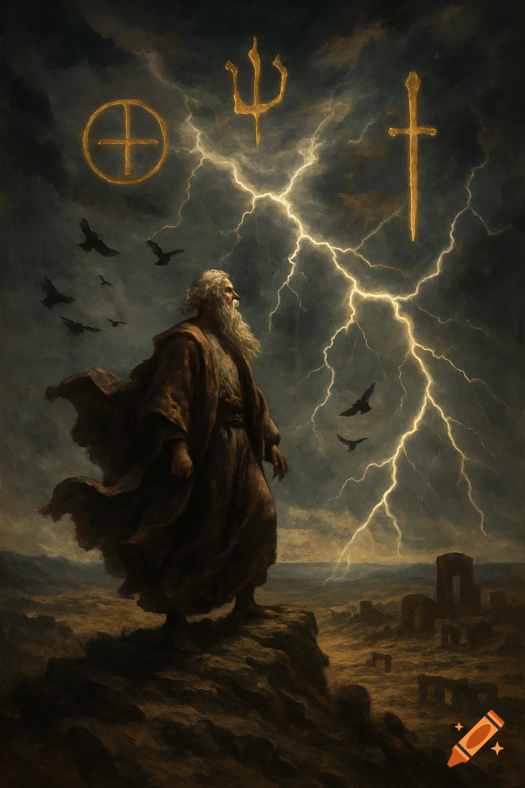 A bearded prophet-like man stands on a cliff, looking up at a stormy ...