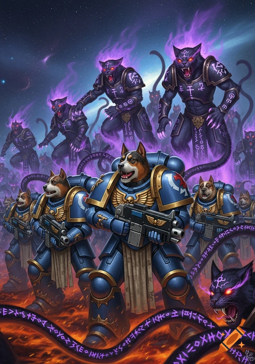 Warhammer 40k style illustration of dog-headed space marines fighting ...