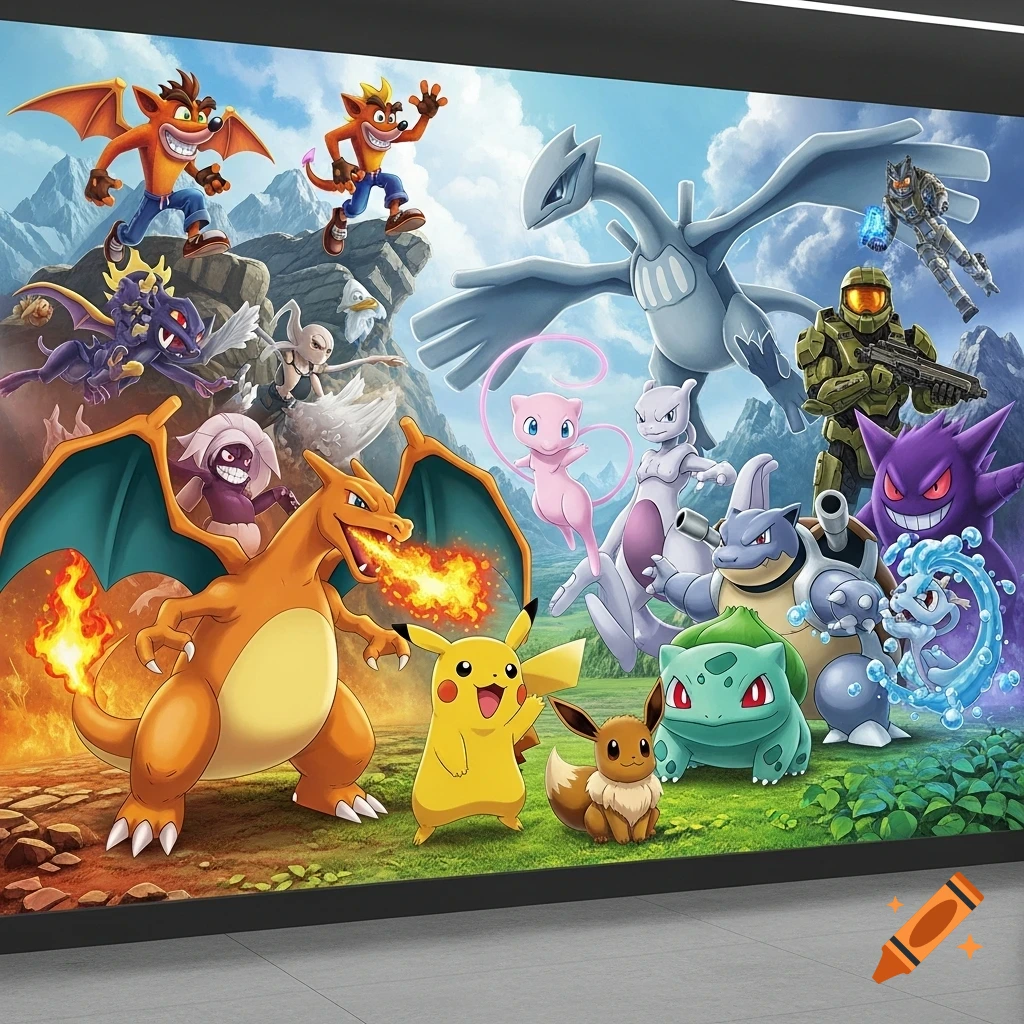 Colorful wall mural with Charizard, Pikachu, Master Chief, Crash ...