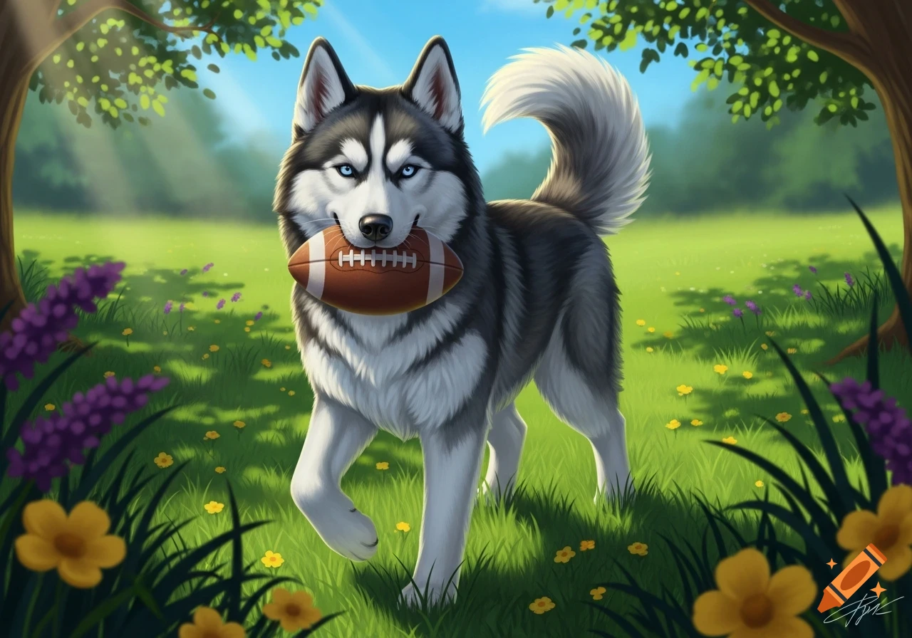 An illustrated husky dog with bright blue eyes stands in a sunny ...