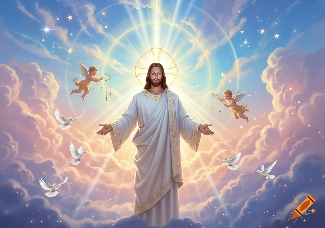 Jesus Christ stands with open arms amidst radiant clouds and stars ...