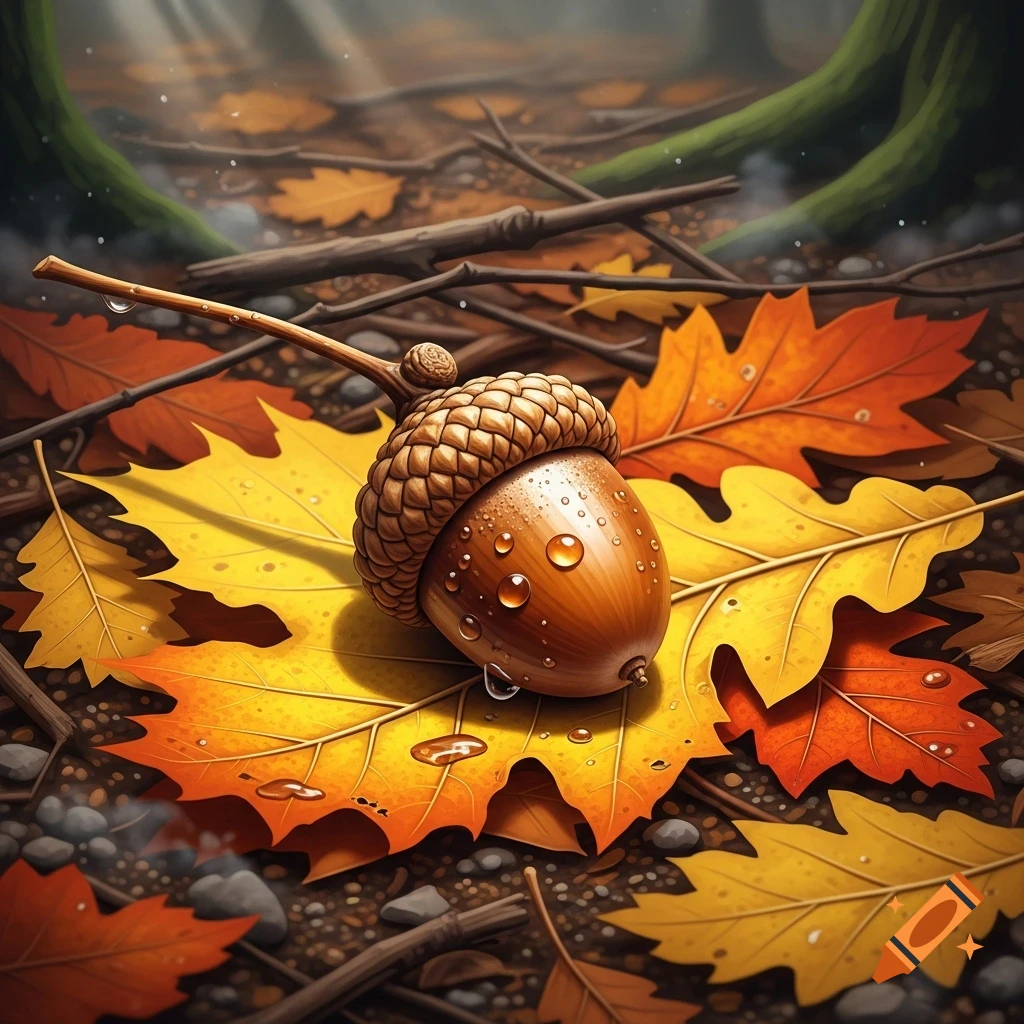 A detailed illustration of an acorn with water droplets lying on ...