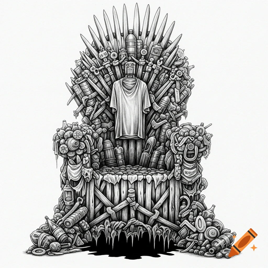 A detailed black and white sketch depicts a large throne constructed ...