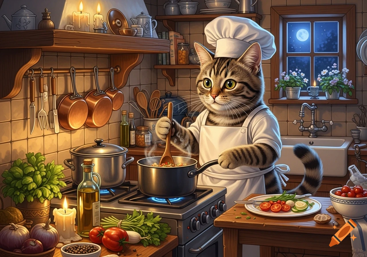 A tabby cat chef wearing a white toque and apron stirs a pot on a stove ...
