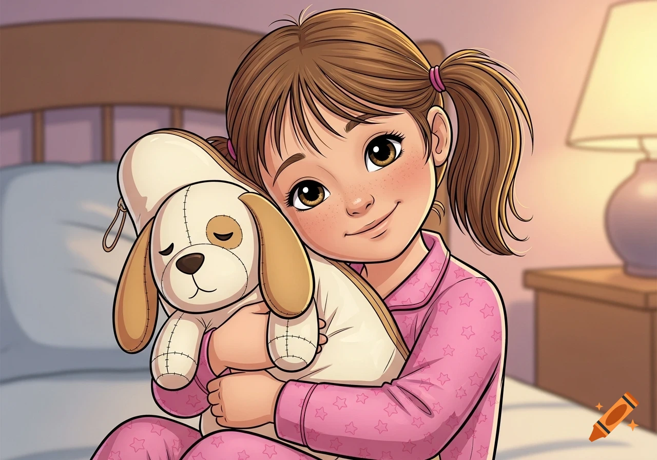Cartoon of a young girl in pink star pajamas hugging a plush dog toy in ...