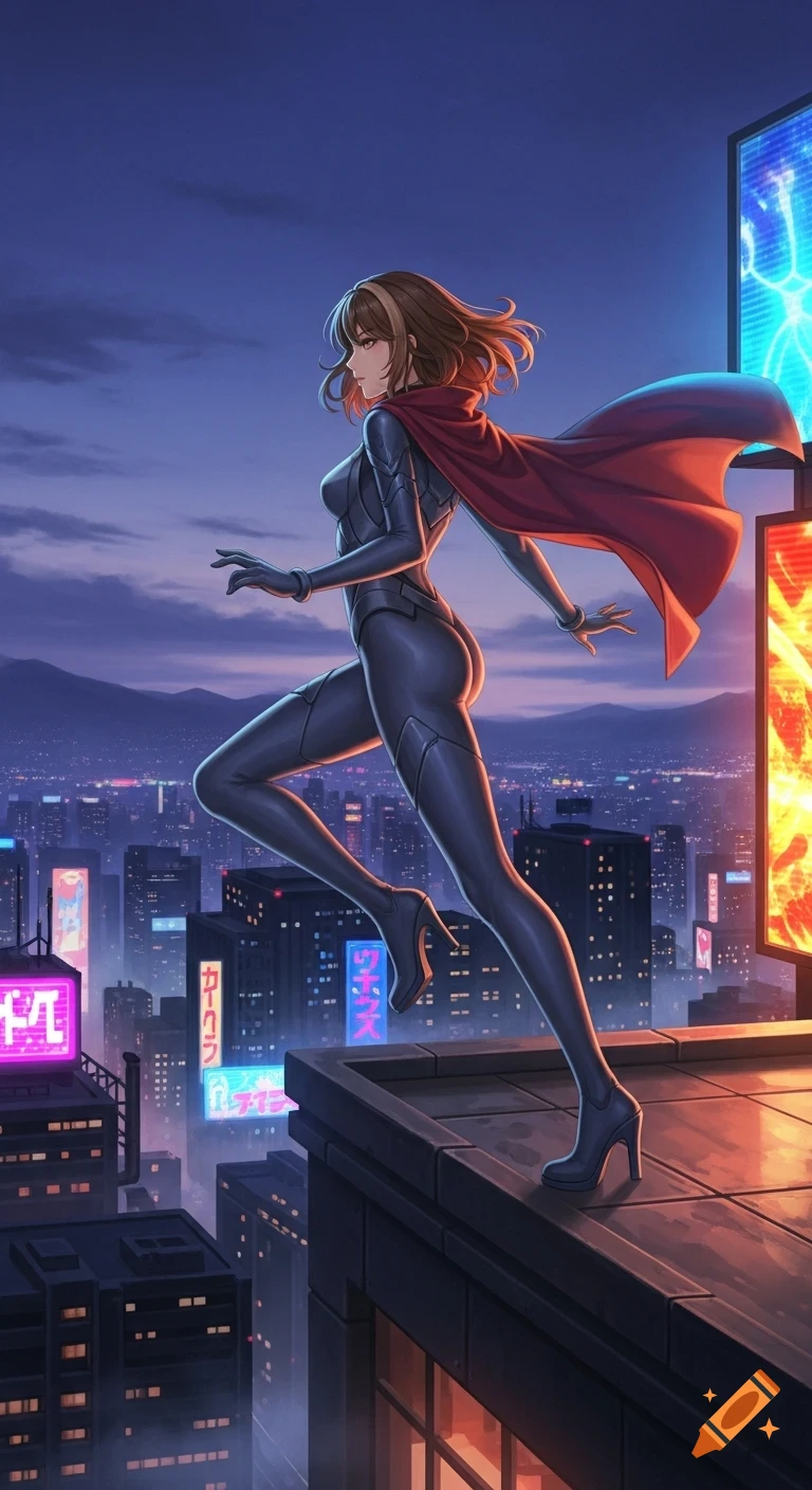 Anime-style action heroine in a dark suit and red cape stands on a ...