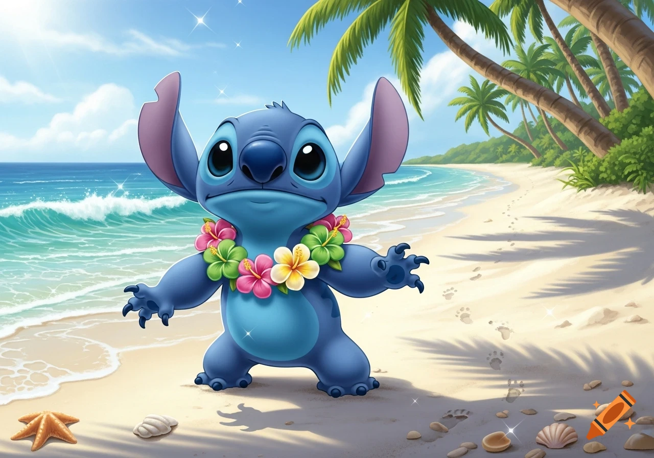 Stitch wearing a flower garland stands on a sunny tropical beach with ...