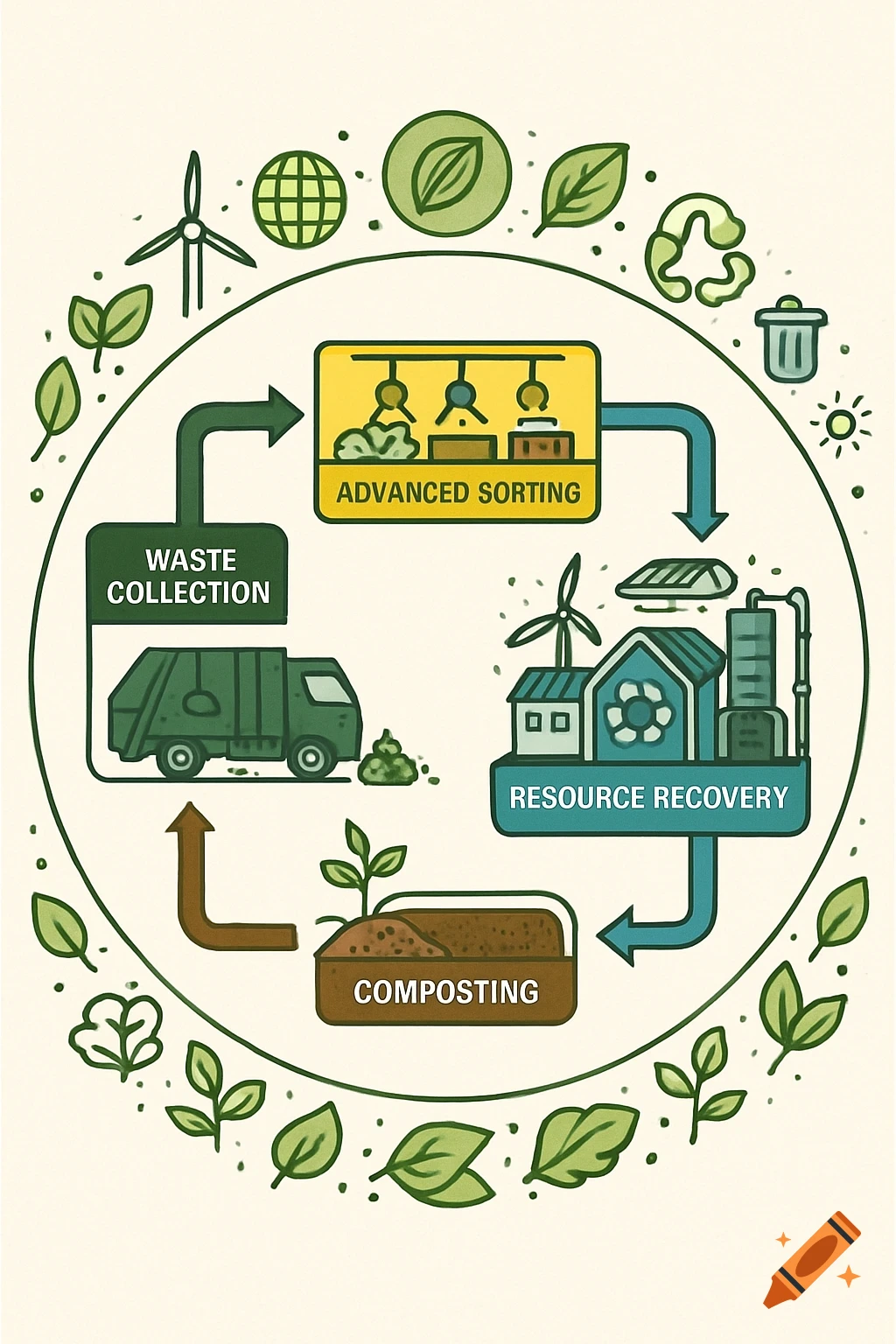 An illustrative diagram of a circular waste management process: waste ...