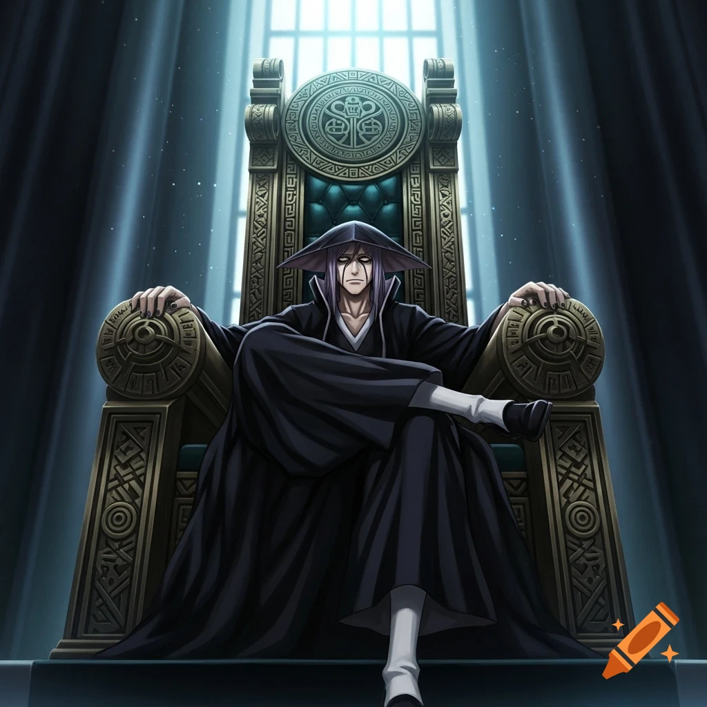 Anime character Urahara from Bleach sits on an ornate golden throne in ...