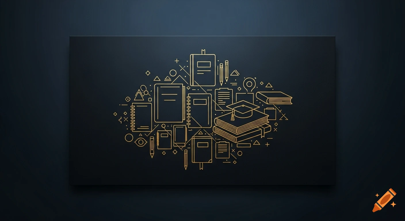 Minimalist golden line art illustration of books, notebooks, pencils ...