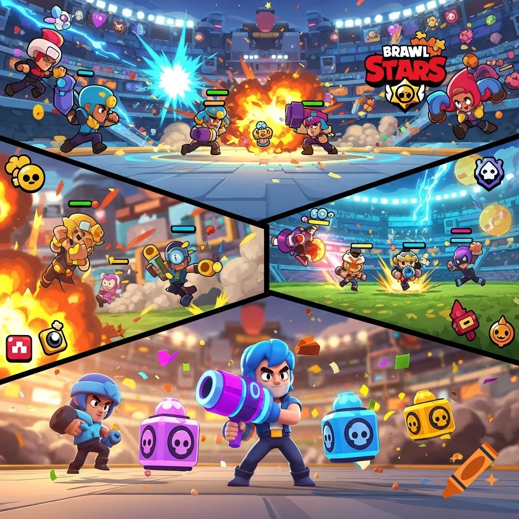 Multiple cartoon characters from Brawl Stars battling in a futuristic ...