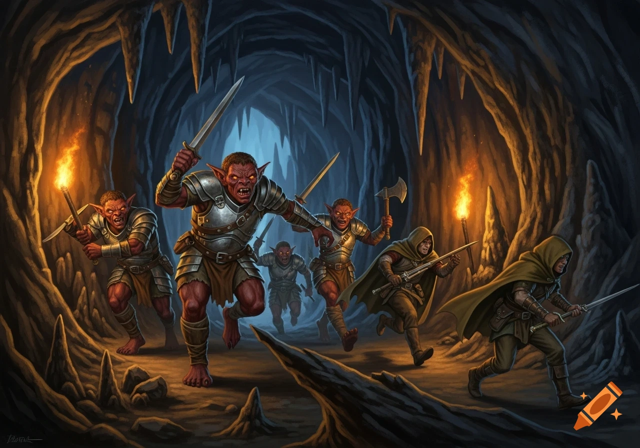 A group of armed hobgoblins and cloaked figures run through a dark ...