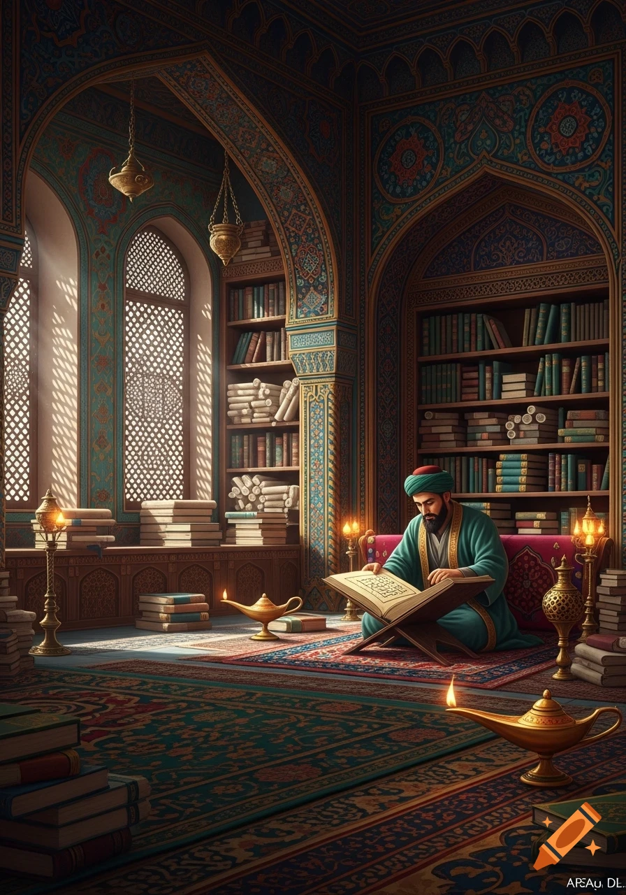 A man in traditional robes reads a book in a lavish, ornate Abbasid ...