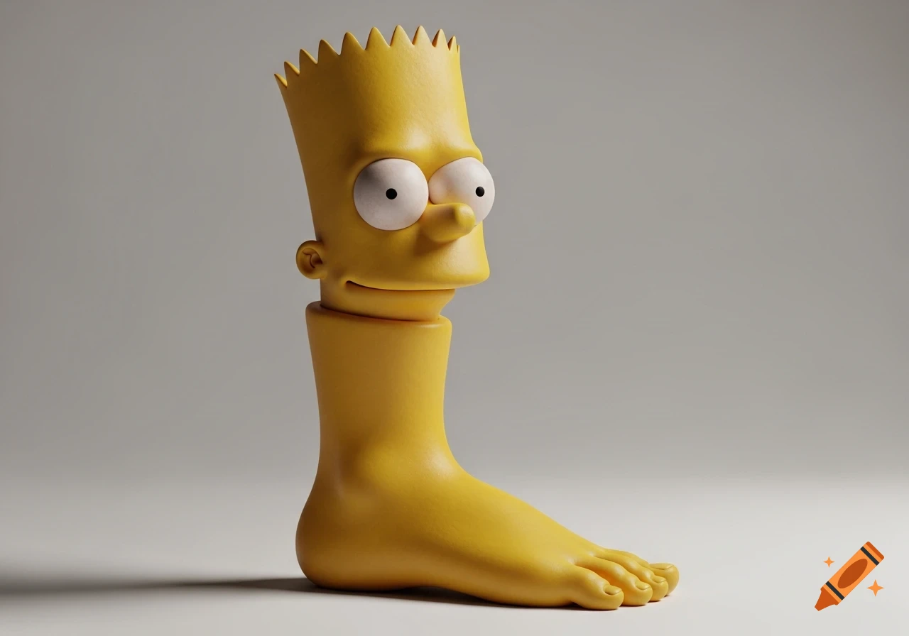 Bart Simpson's head is affixed to the top of a realistic, yellow human ...
