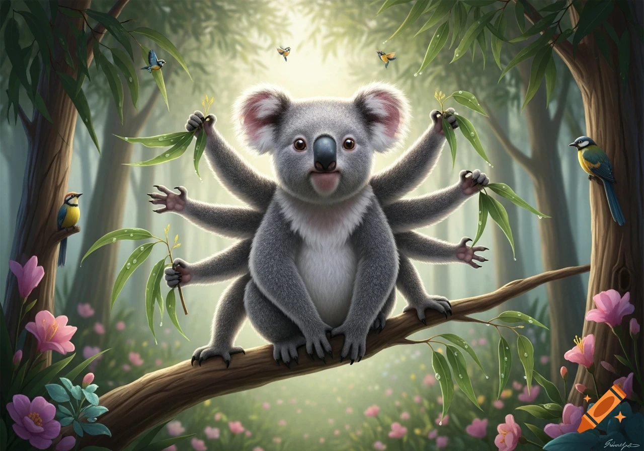 A whimsical multi-armed koala with large ears sits on a tree branch ...