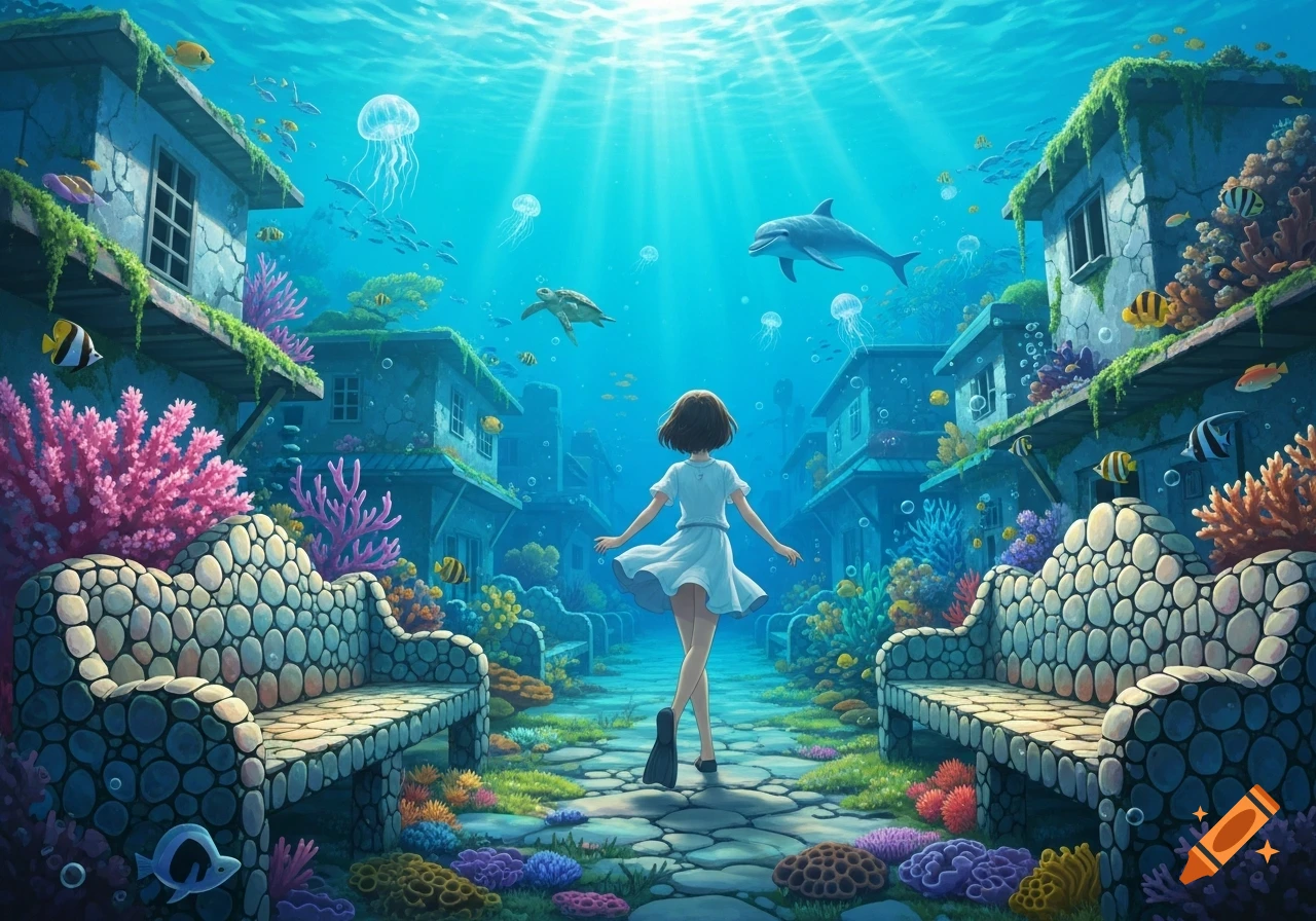 Animated illustration of a girl walking on an underwater street between ...