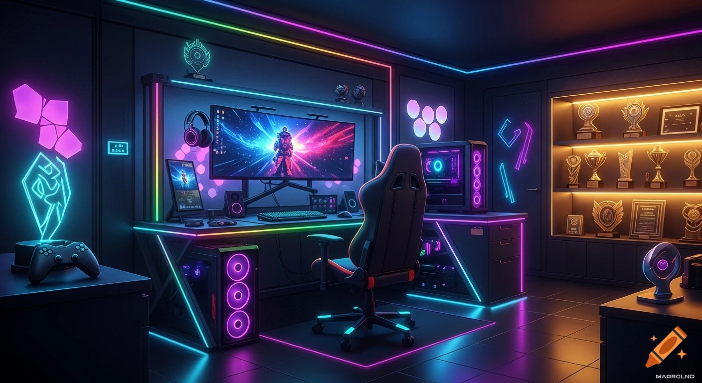 A vibrant gaming room illuminated by rainbow LED lights, showcasing a ...