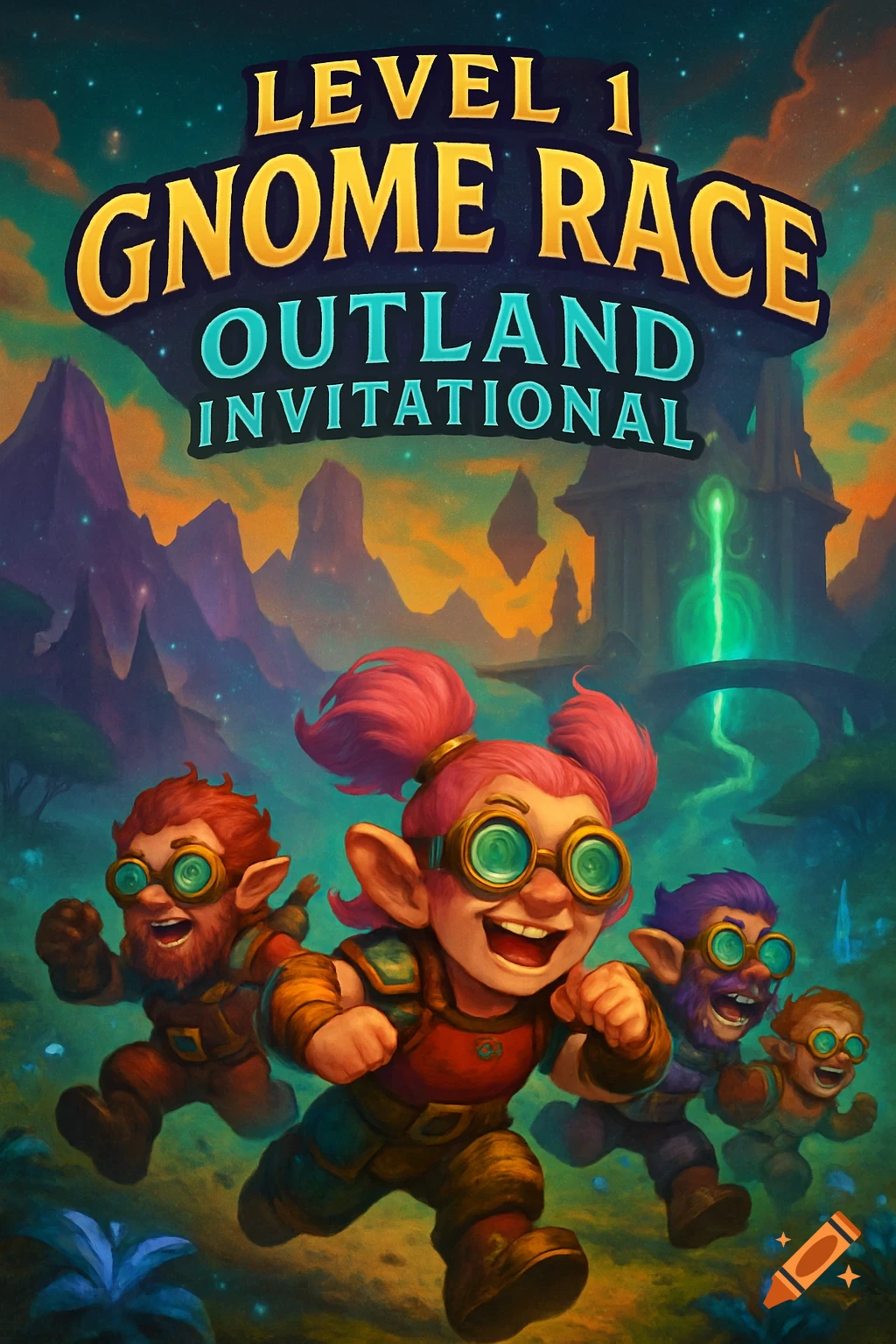 Four cheerful gnomes race through a vibrant fantasy landscape. A poster ...