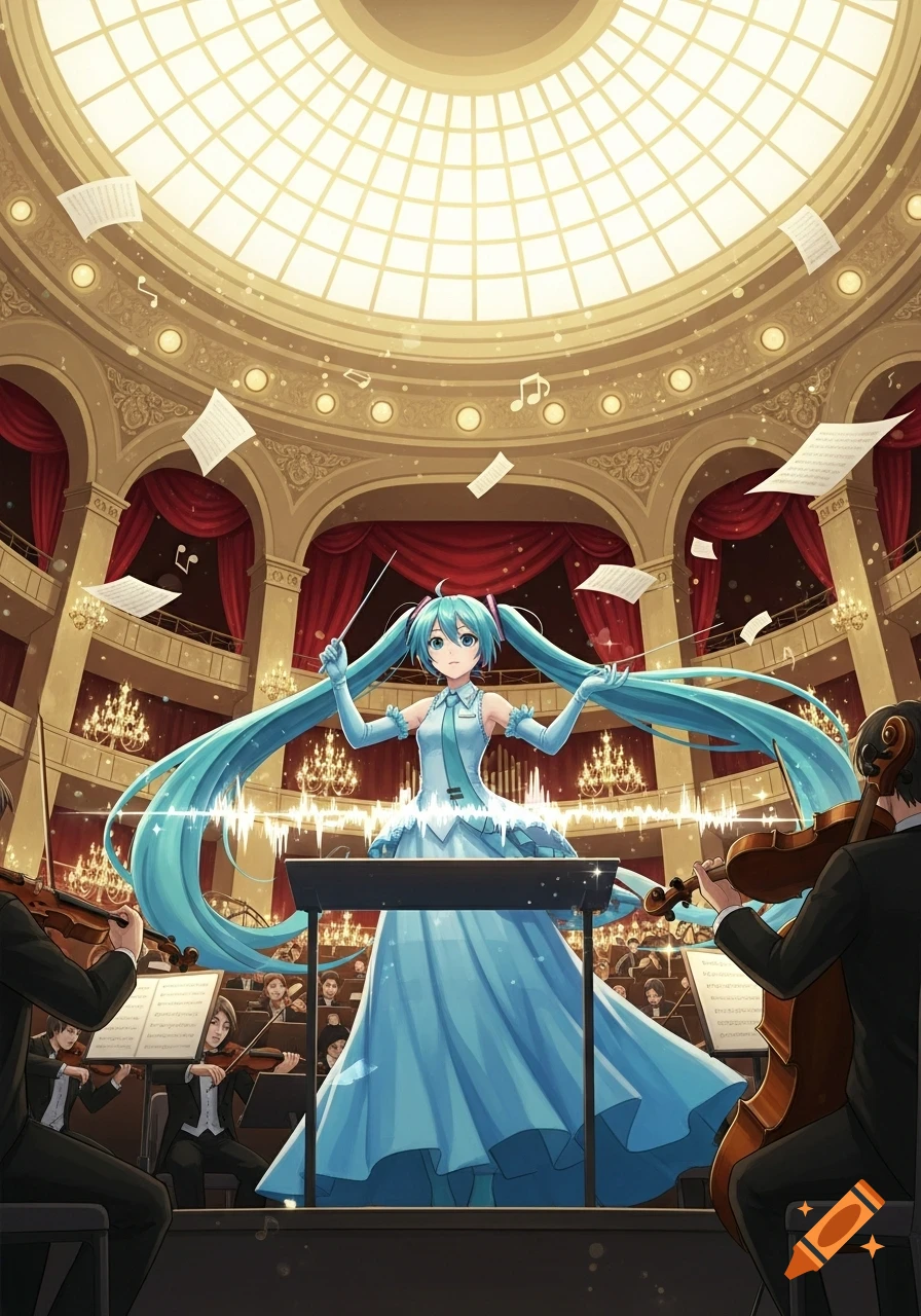 Hatsune Miku in a flowing blue gown conducts an orchestra in a grand ...