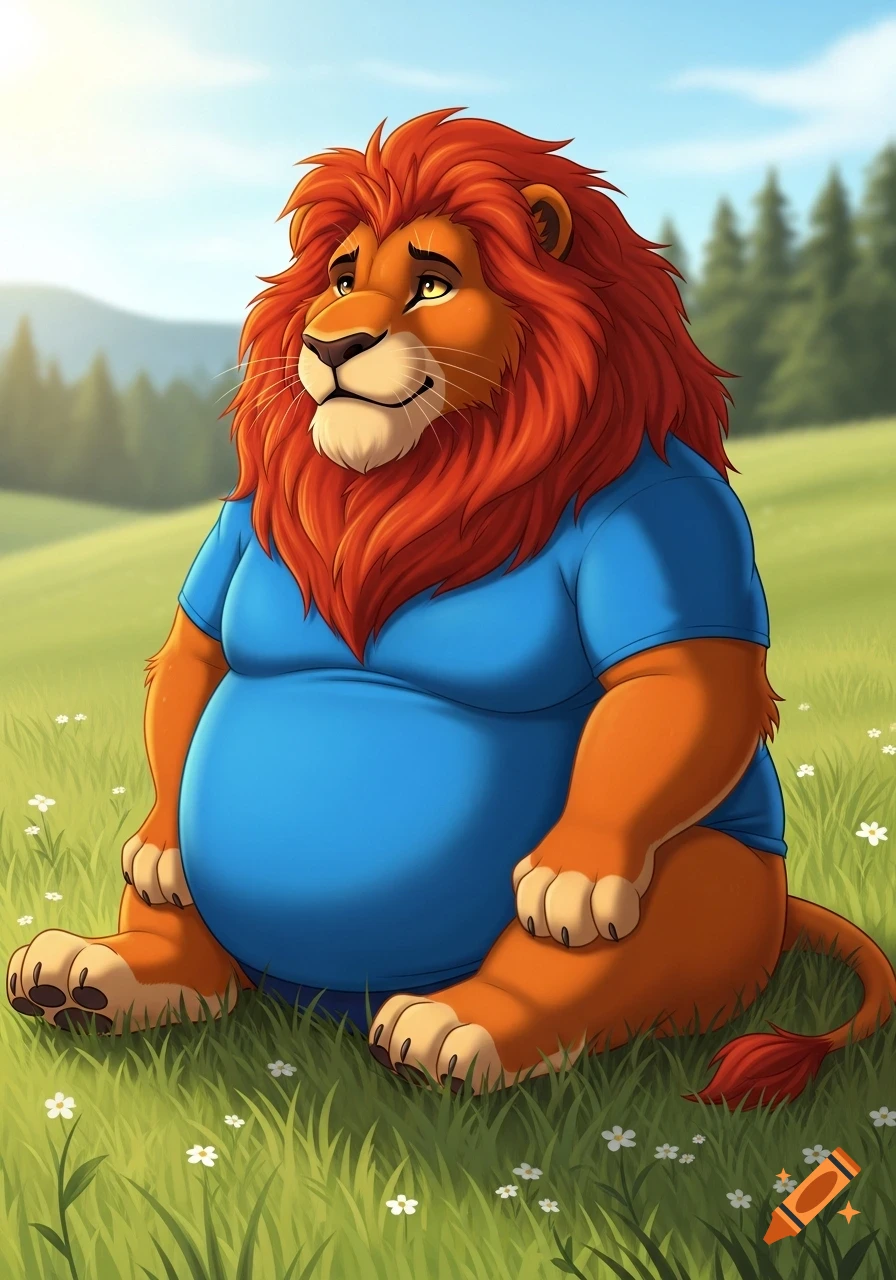 A 2D cartoon of an extremely obese male red lion wearing a blue t-shirt ...