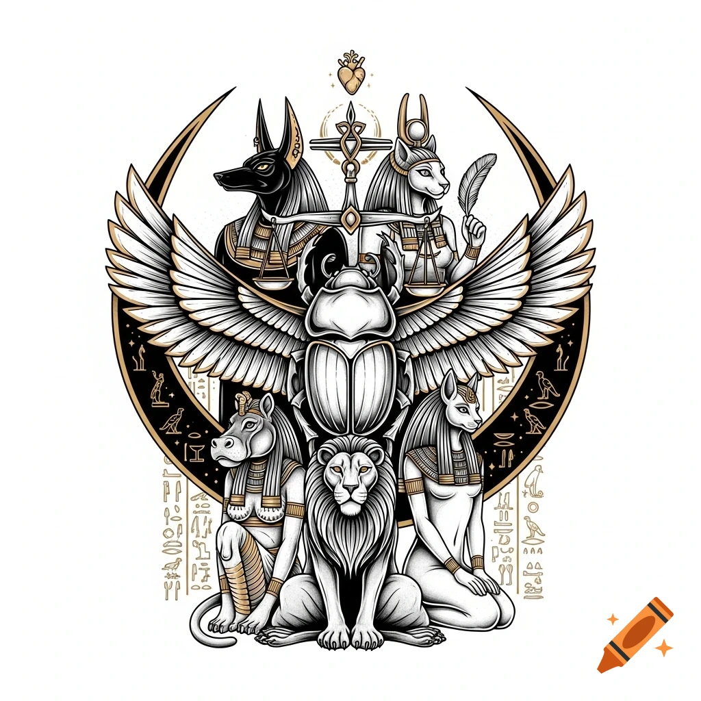 Stylized tattoo design featuring Egyptian deities Anubis, Bastet, and a ...