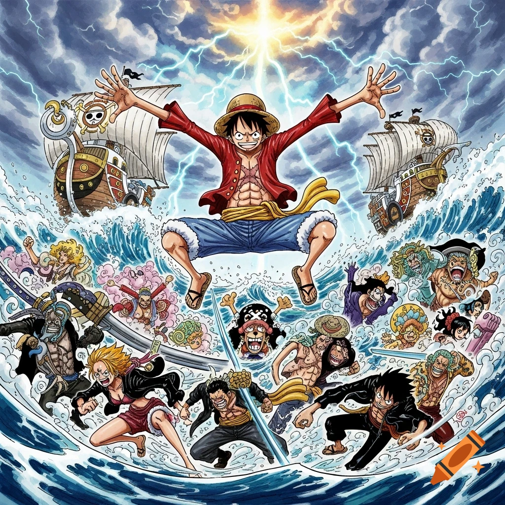 Dynamic anime illustration of Monkey D. Luffy leaping in a stormy sea ...
