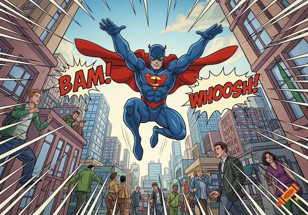 A superhero, resembling Superman, flies over a city in a dynamic comic ...