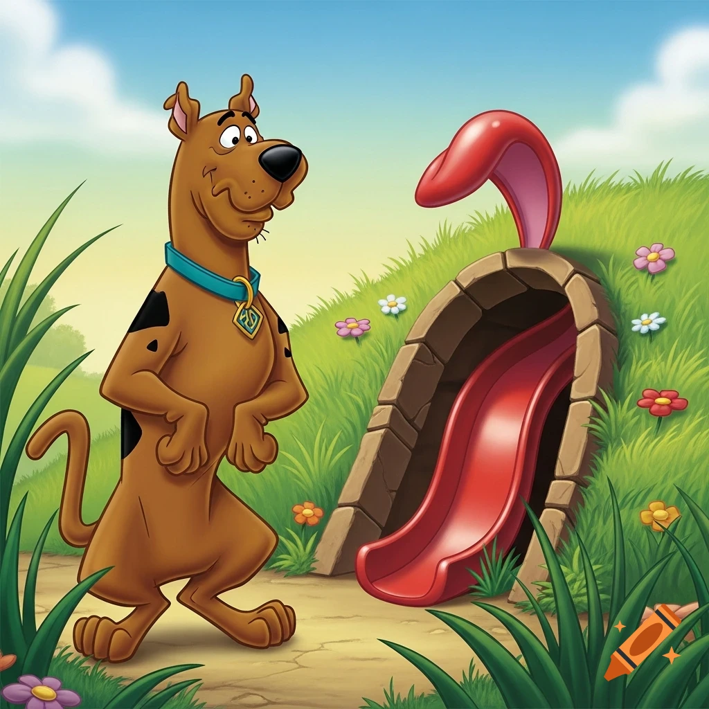 Scooby Doo, standing on two legs with hands on hips, looks curiously at ...
