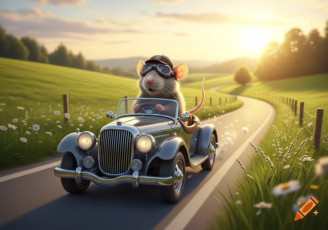 A cartoon rat wearing a cap and goggles drives a vintage car on a ...