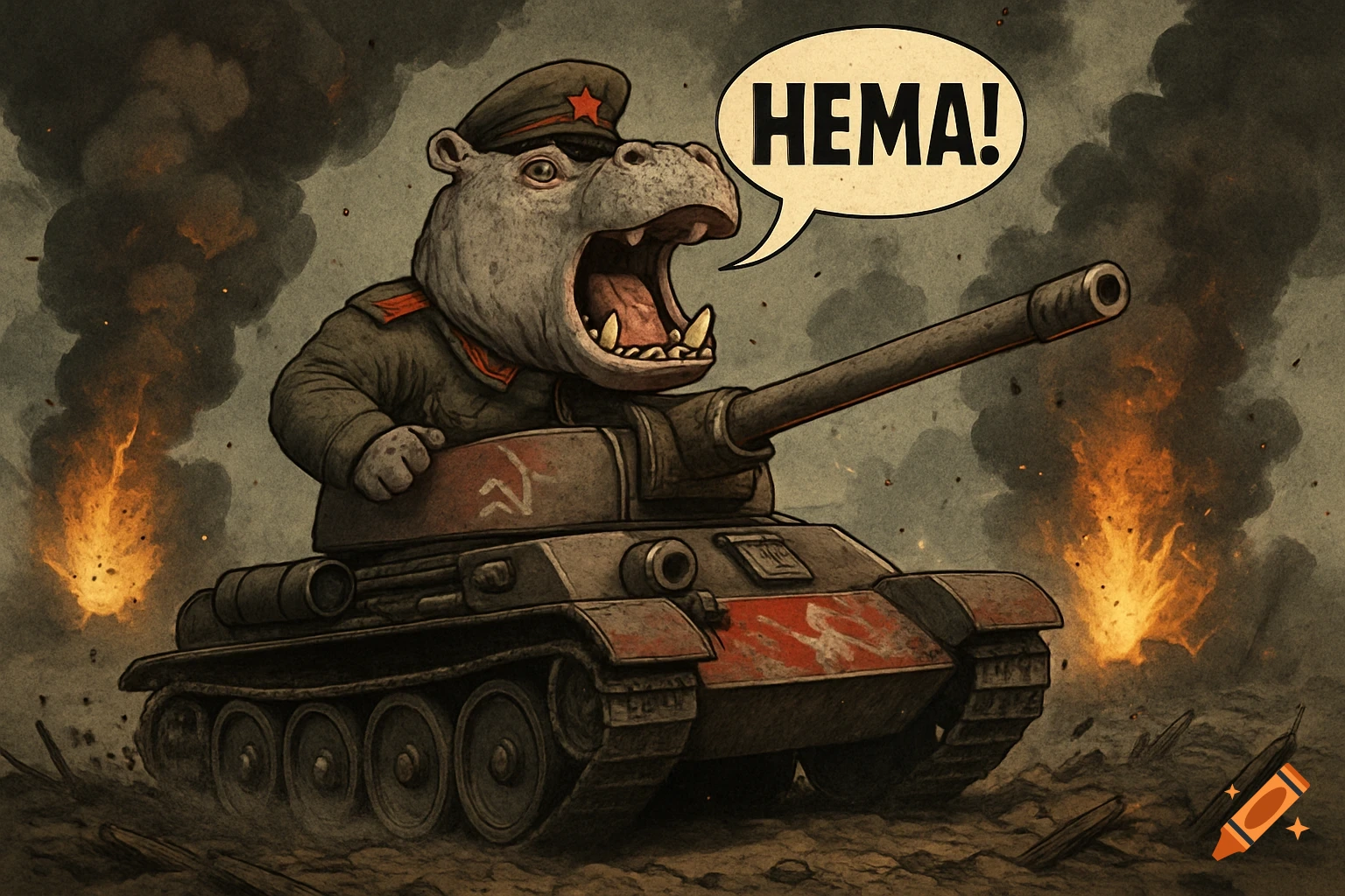 A cartoon hippo in a military uniform yells "HEMA!" from a tank amidst ...