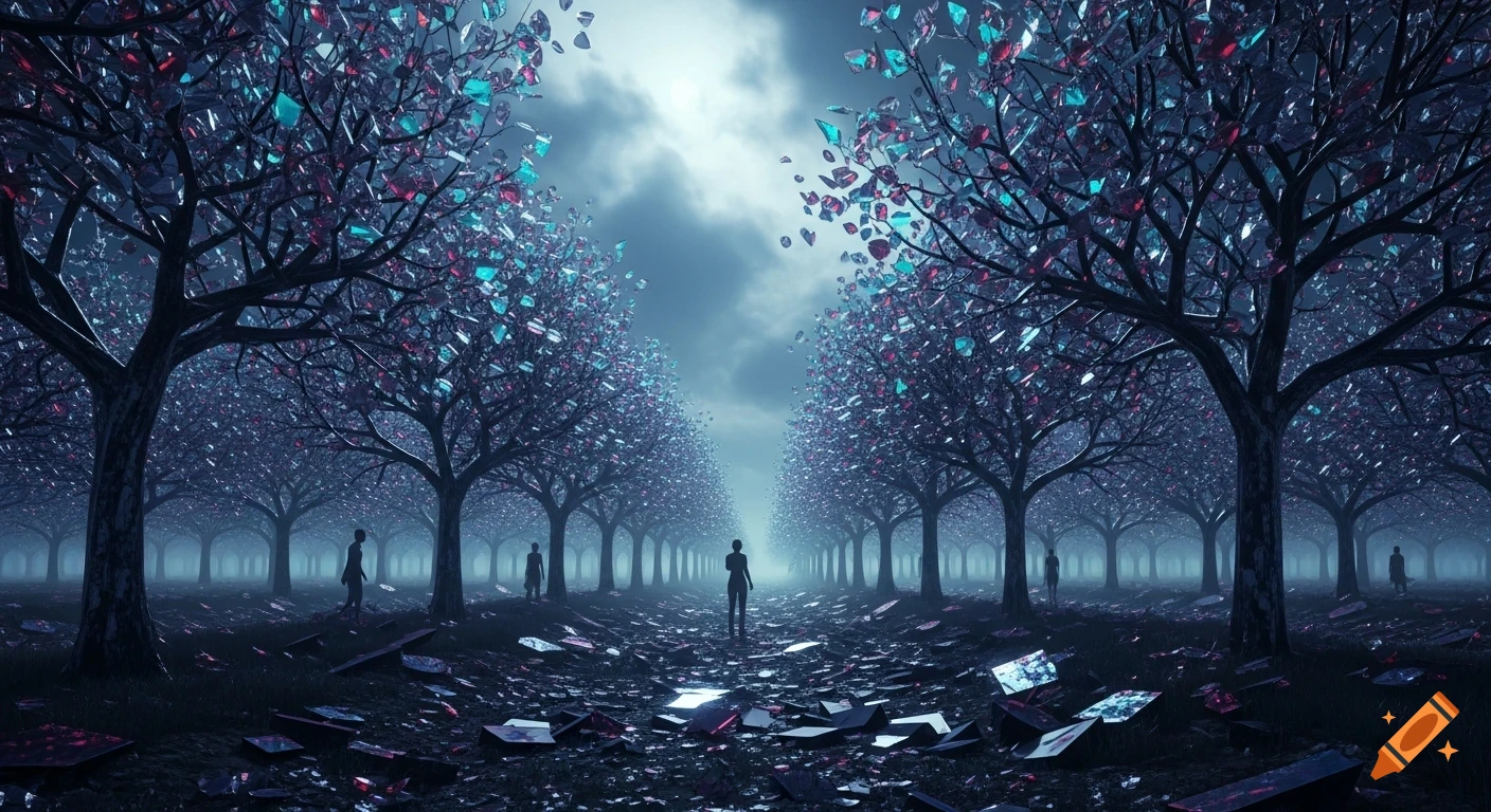A dramatic, stylized surreal forest with dark trees, glowing crystal ...