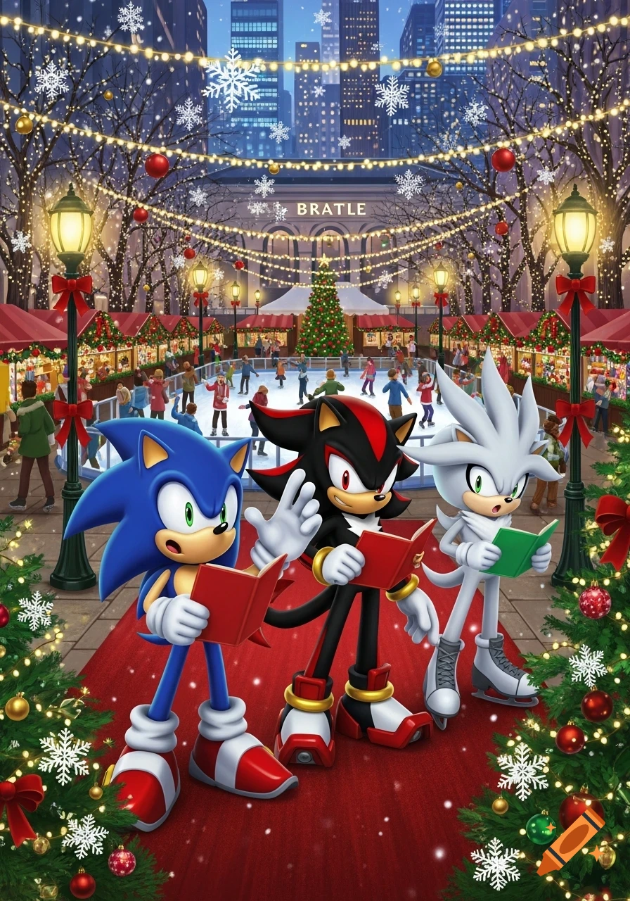 Sonic, Shadow, and Silver sing Christmas carols on a red carpet in a ...