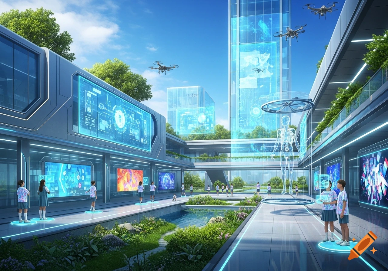 A vibrant, futuristic school courtyard with students interacting with ...