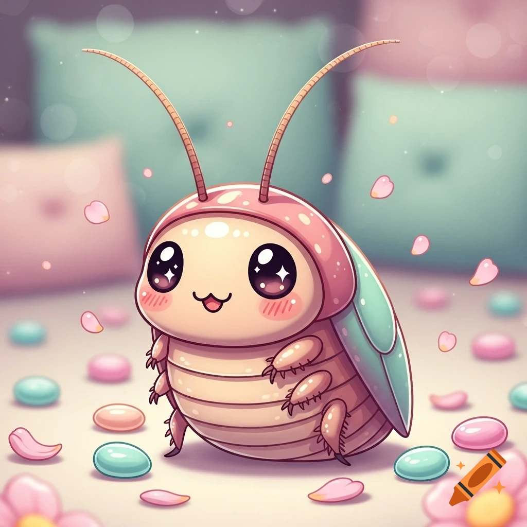 A cute, cartoon kawaii cockroach with big shiny eyes and pink antennae ...