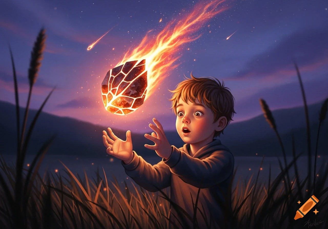 A wide-eyed young boy reaches out to a glowing, fiery meteor shard ...