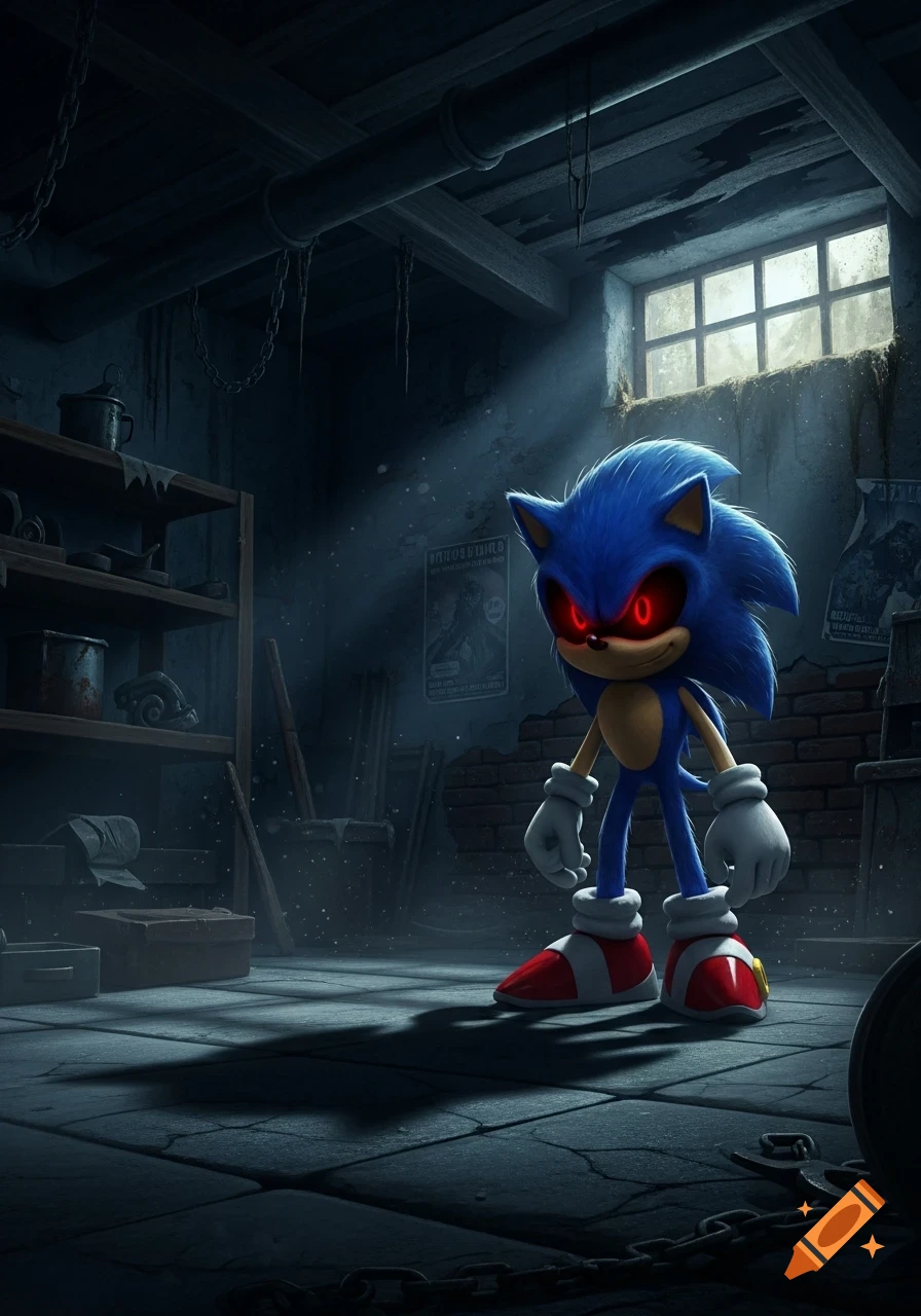 Creepy Sonic with glowing red eyes stands in a dark, abandoned basement ...