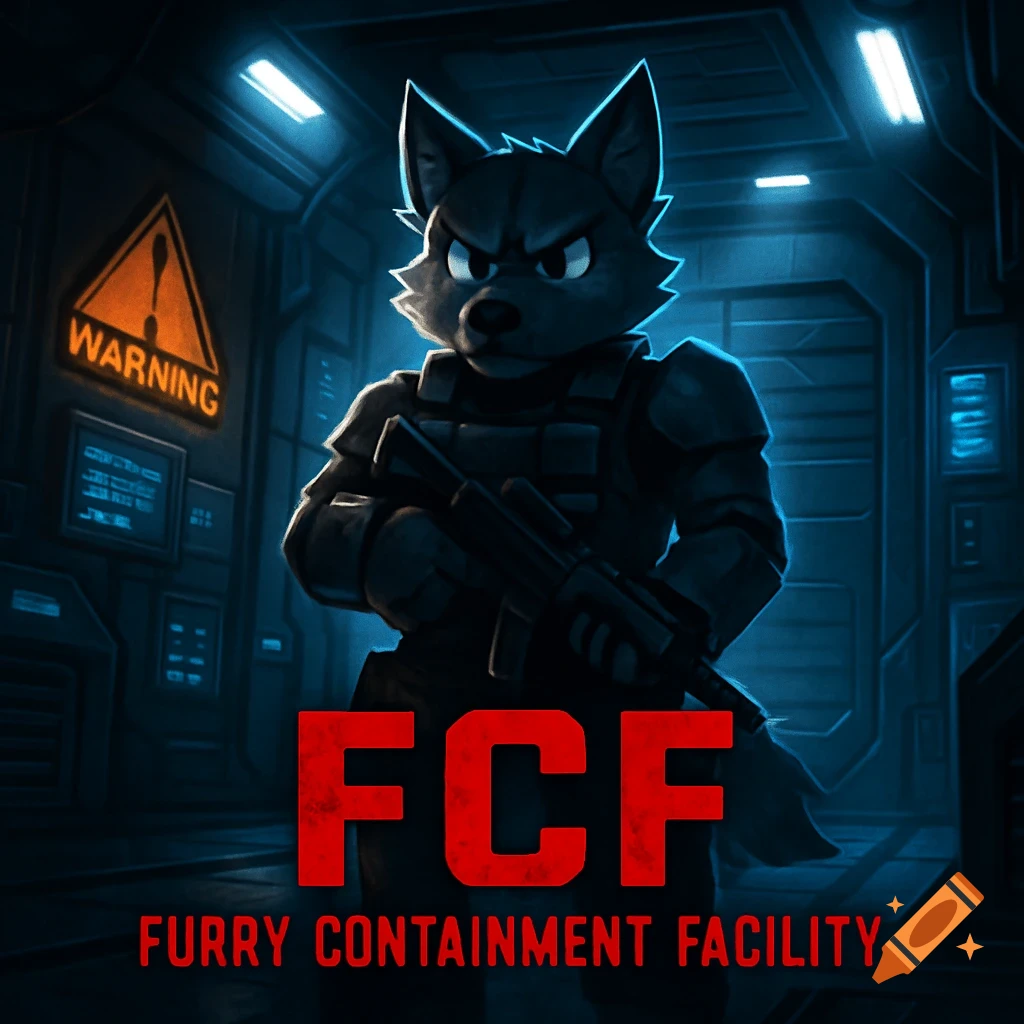 A wolf-like furry character in tactical gear holding a rifle in a dark ...