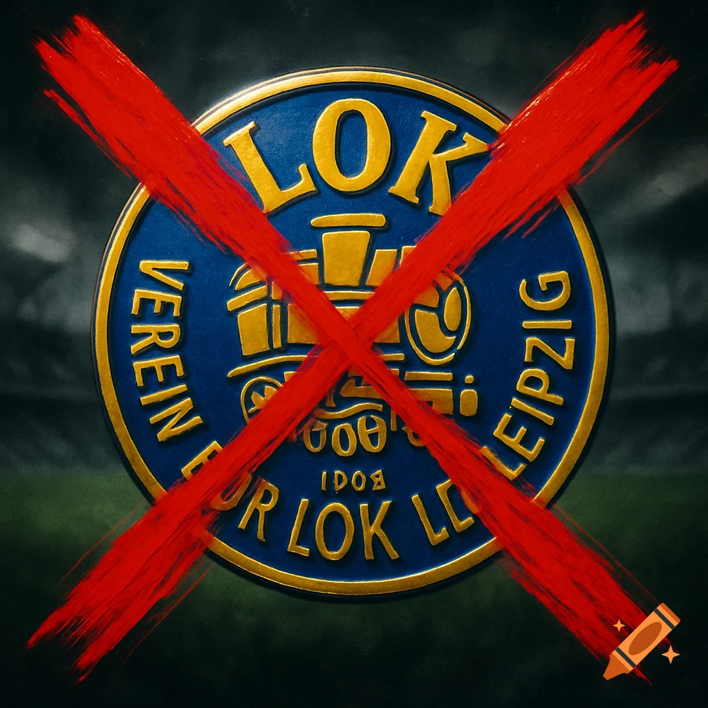 Blue and gold FC Lokomotive Leipzig logo with a train, crossed out by a ...
