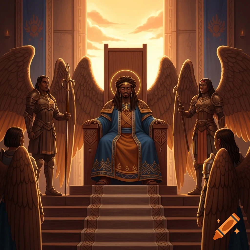 A Black deity with dreadlocks on a throne, surrounded by winged Black ...