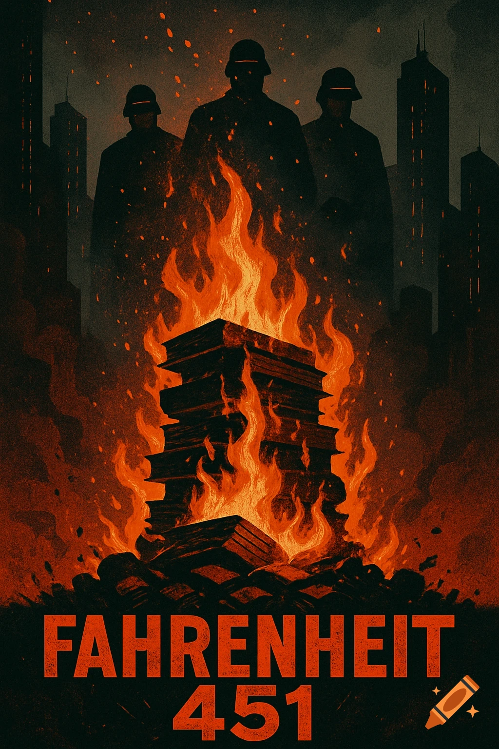 A dark, gritty poster of books burning with three helmeted figures ...